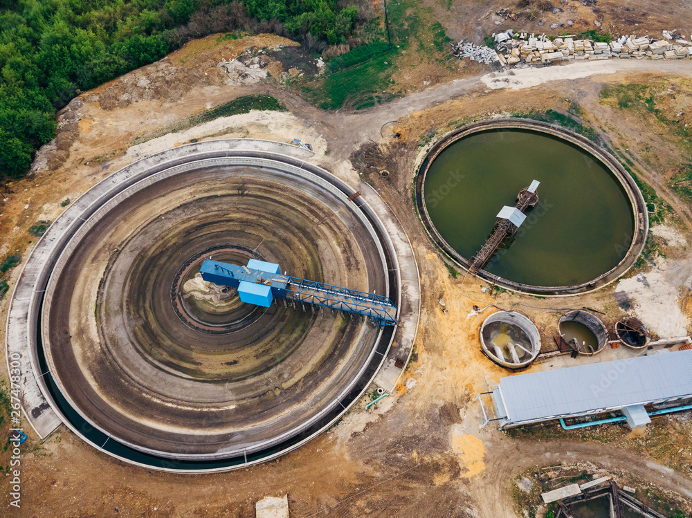 Round clarifiers at wastewater treatment plant, top view Stock Photo ...