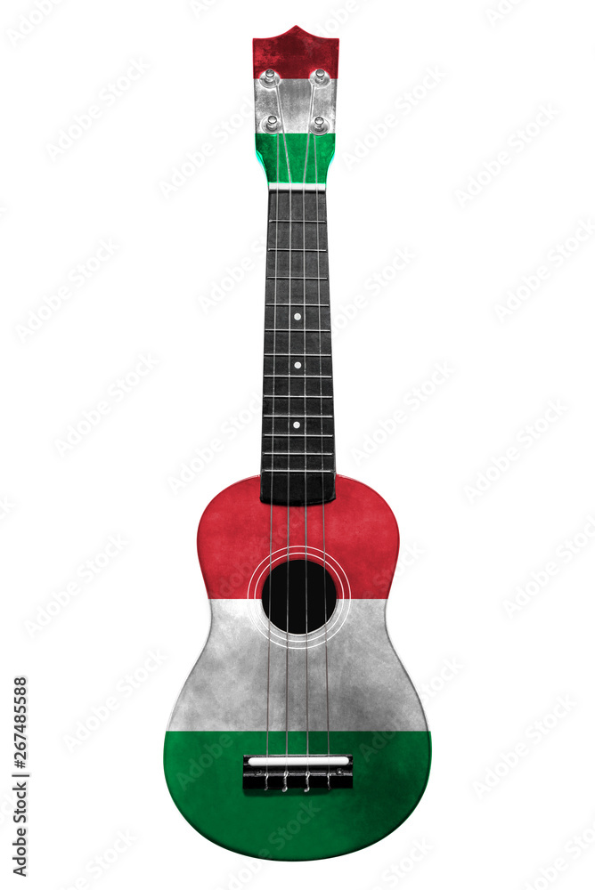 Hawaiian national guitar, ukulele, with a painted Italy flag, on a ...