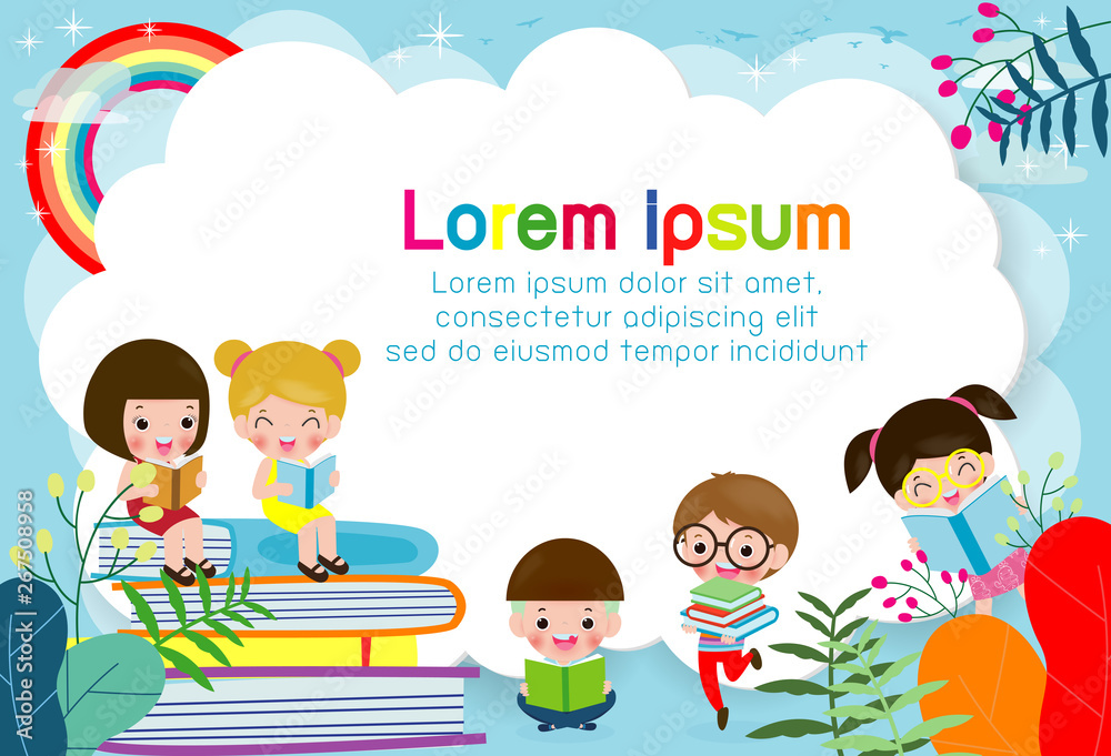 kids reading books, back to school, education concept, Template for ...
