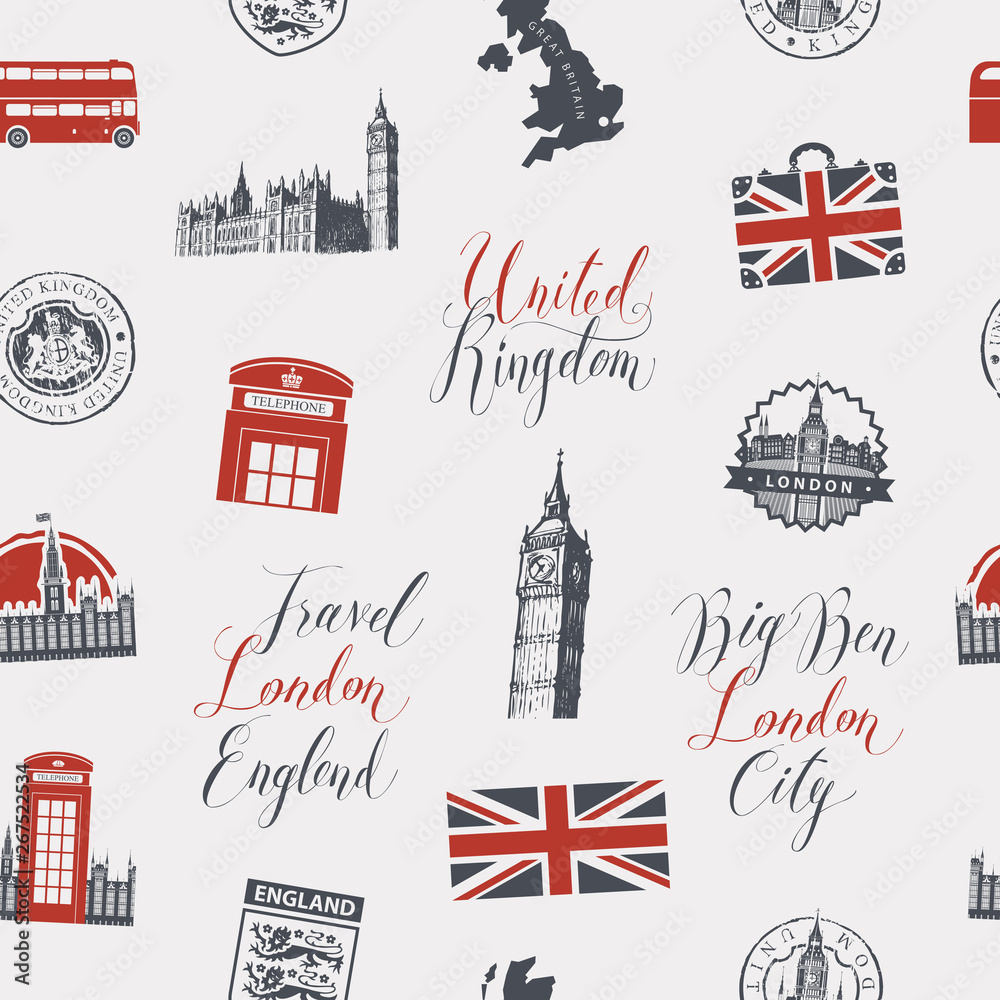 Vector seamless Background on UK and London theme with inscriptions ...