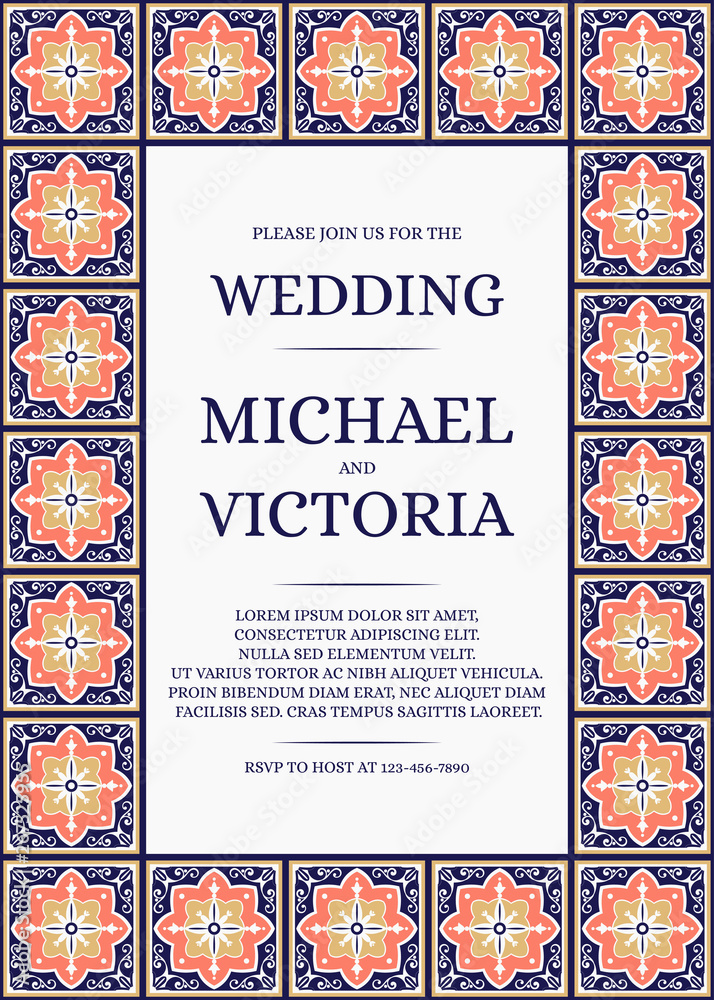 Traditional wedding invite card template vector. Ethnic tile pattern ...