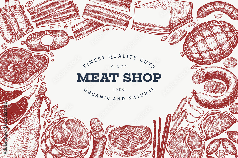 Vintage vector meat products design template. Hand drawn ham, sausages ...