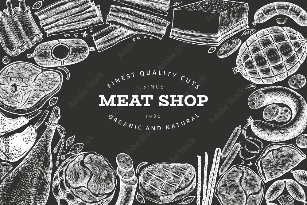 Vintage vector meat products design template. Hand drawn ham, sausages ...