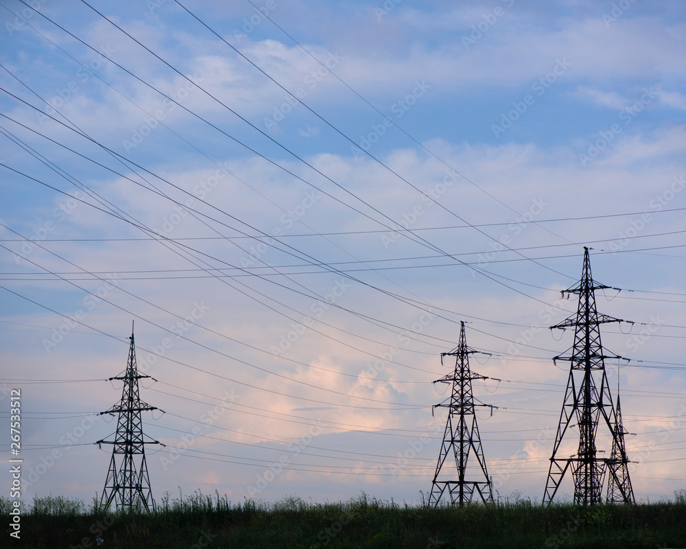 Power lines and sky with clouds.Wires over the fields.Powerful lines of ...