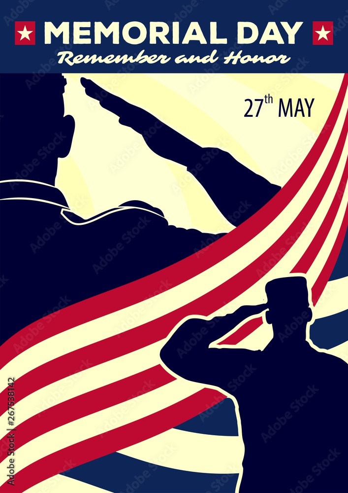 Memorial day poster template. US Army soldiers saluting on american ...