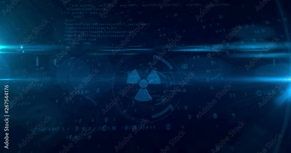 Nuclear warning symbol hologram intro on dynamic futuristic background ...
