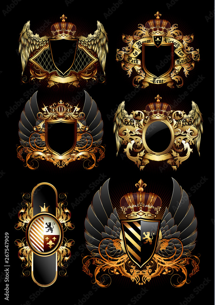 Set of ornate heraldic shields on black background. High detailed ...