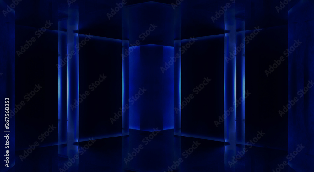 Concept of dark night tunnel, room and blue neon light. Abstract tunnel ...