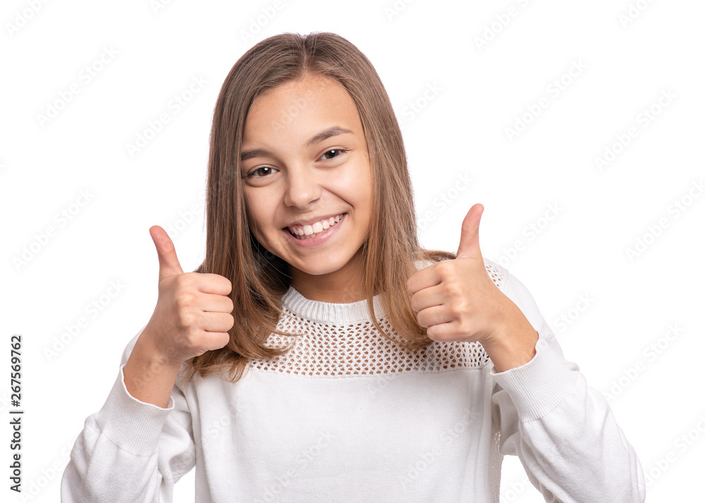 Beautiful Teen Girl Student making Thumbs up Gesture. Portrait of ...