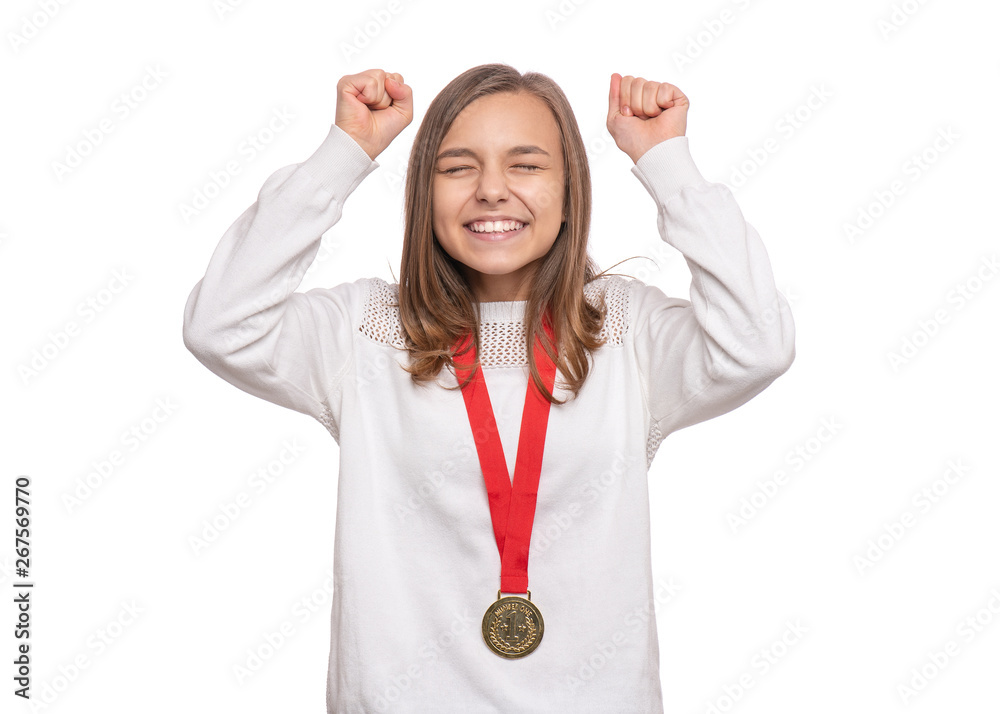 Happy winner. Portrait of beautiful Teen Girl Student with gold Medal ...