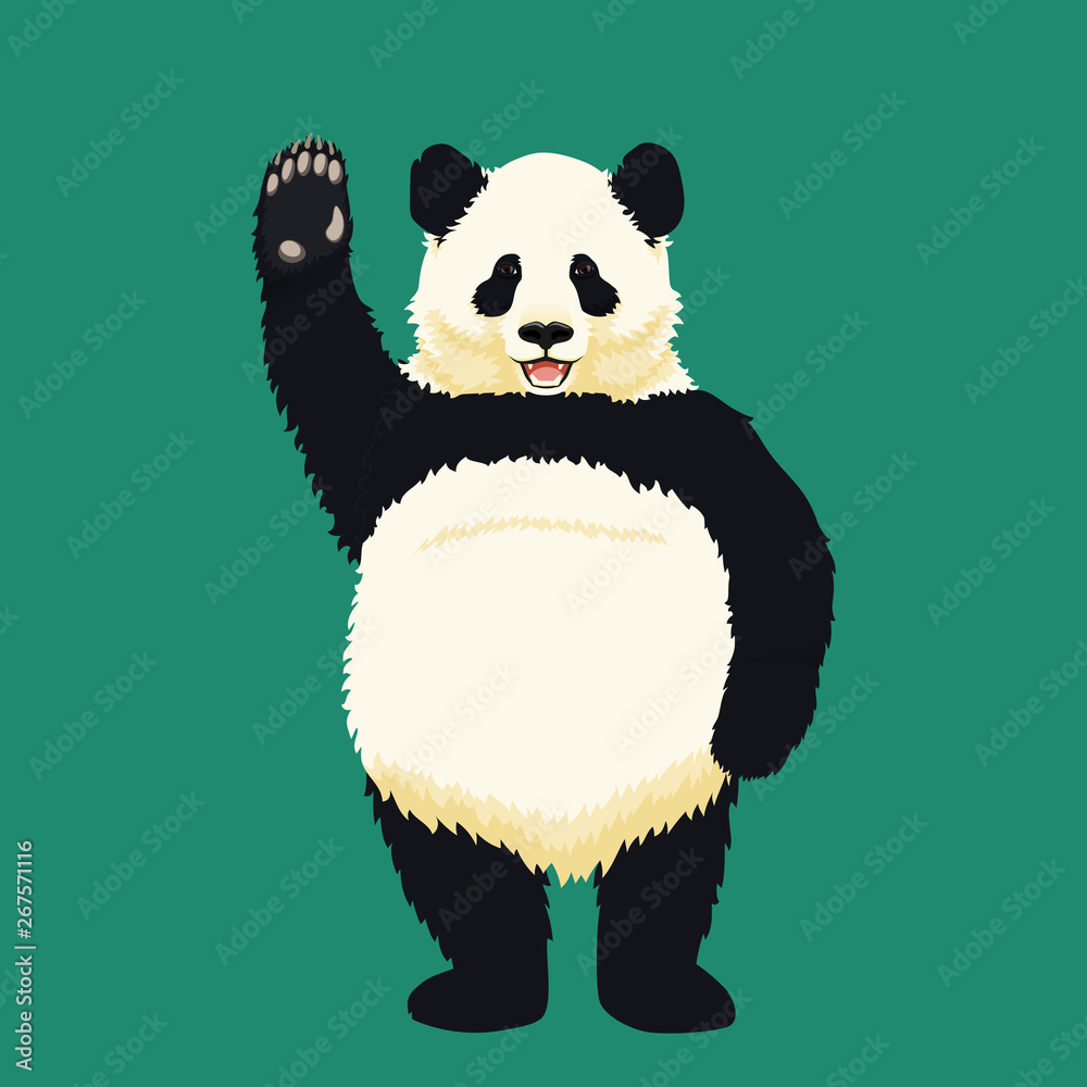 Giant panda standing on hind legs, smiling and waving. Black and white ...