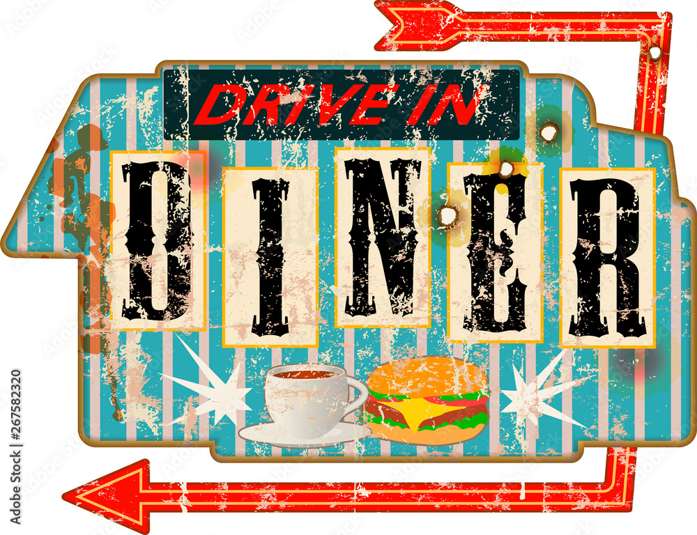 Vintage battered and distressed old diner sign, retro grungy vector ...