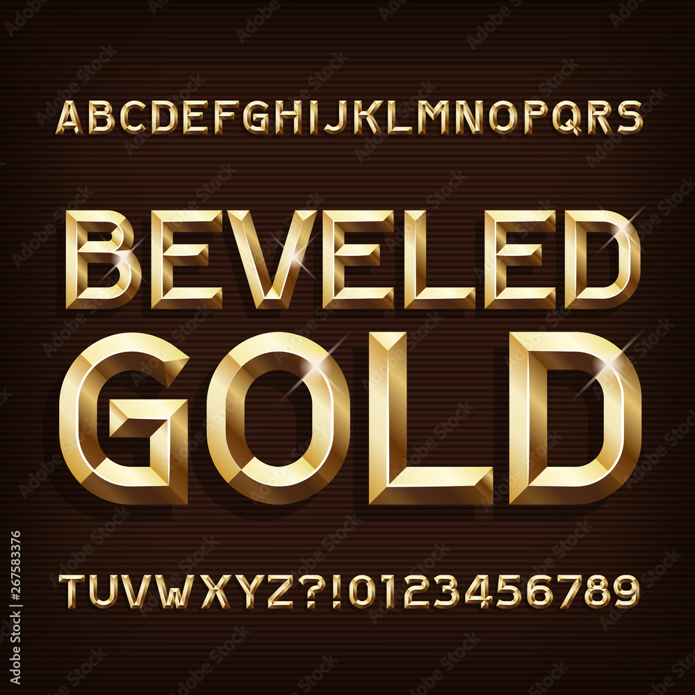 Beveled Gold alphabet font. 3d gold letters and numbers. Stock vector ...