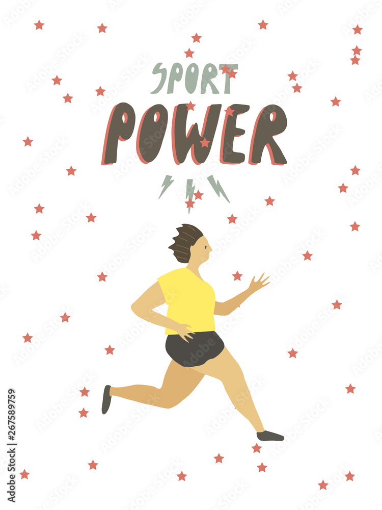 Woman doing sport exercises . Sport power hand drawn text . Healthy ...