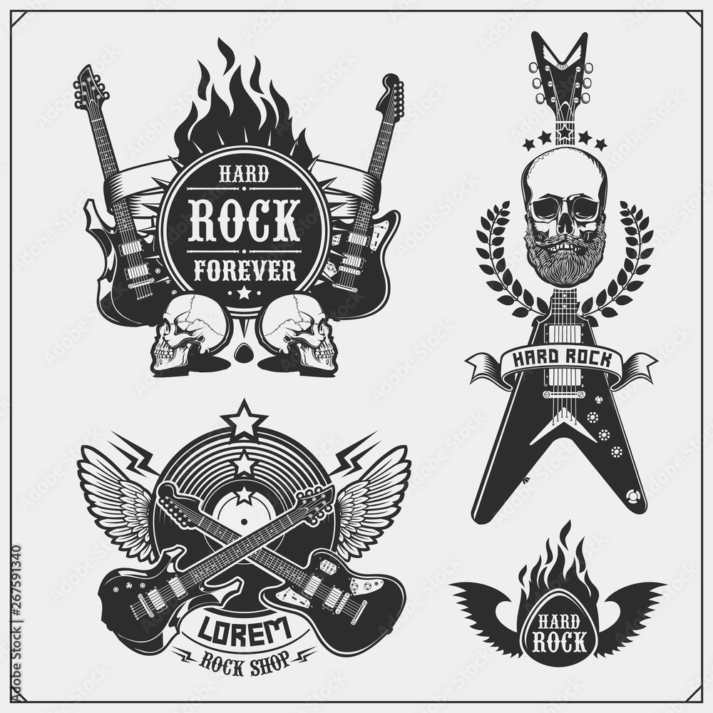 Rock'n'Roll music symbols, labels, logos and design elements. Print ...