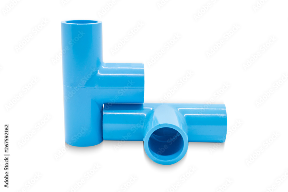 Blue pvc plastic pipe T-joint fitting connect 3 pipe isolated white ...
