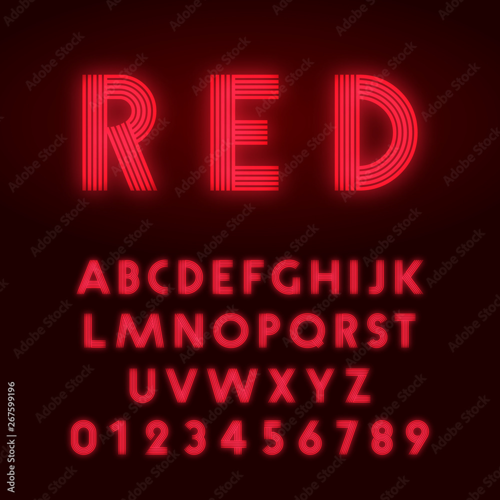 Red neon alphabet font. Letters and numbers line design Stock Vector ...
