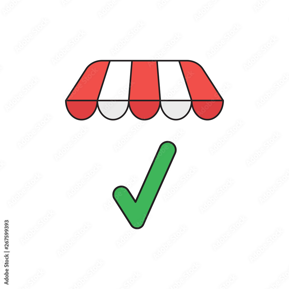Vector icon concept of check mark under store roof. Black outlines and ...
