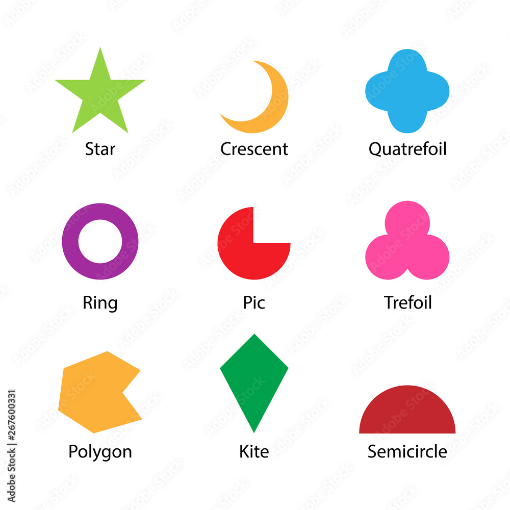 set of 2D shapes vocabulary in english with their name clip art ...