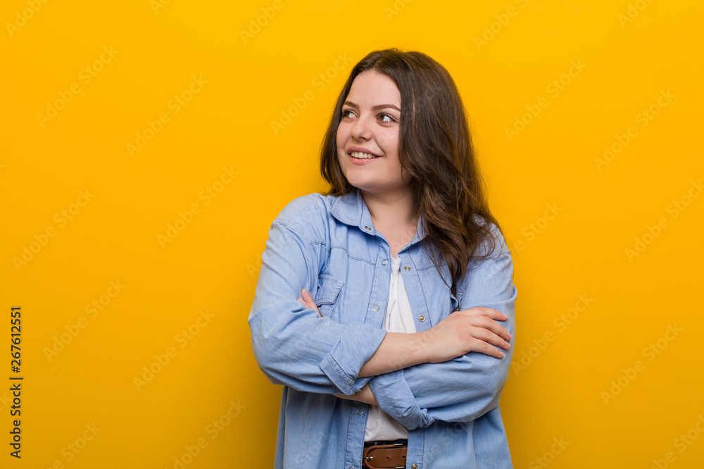 Young Curvy Plus Size Woman Smiling Confident With Crossed Arms Stock