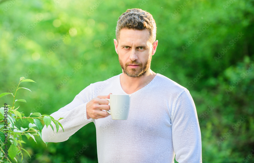 I prefer green tea. Refreshing drink. Man bearded tea farmer hold mug ...