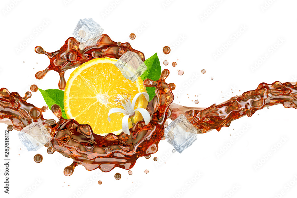 Stockillustratie Black or red tea splash swirl with lemon, ice, and tea ...
