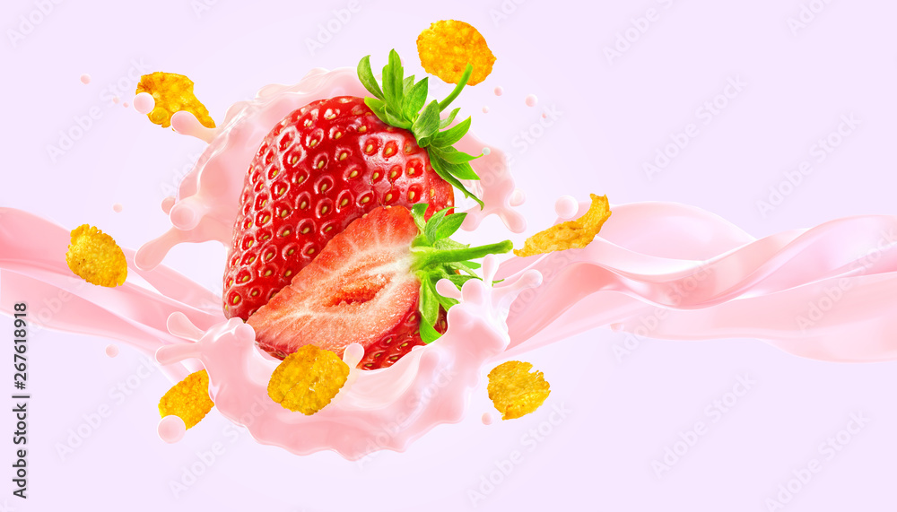 Fresh fruit yogurt splash with ripe strawberries and cornflakes ...