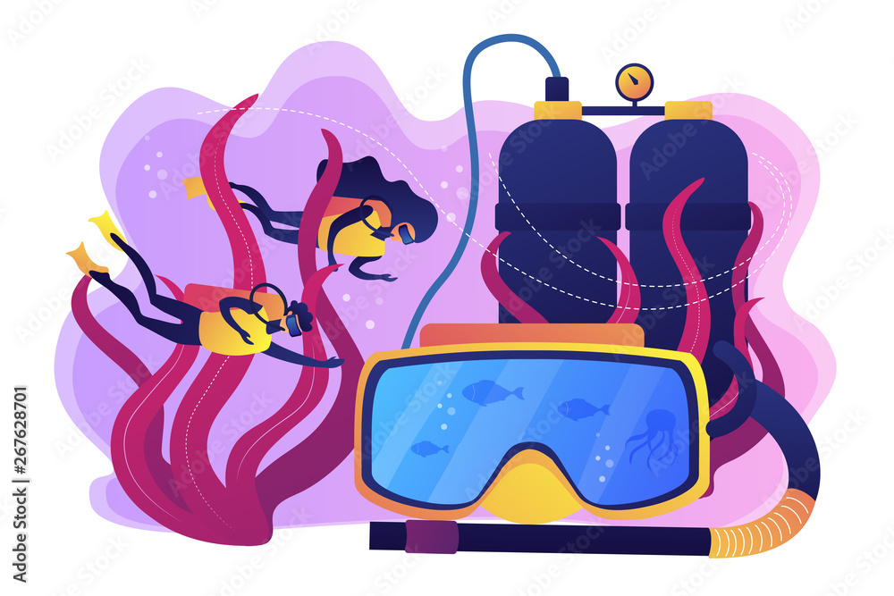 Scuba divers swimming under water and mask with snorkel, tiny people ...