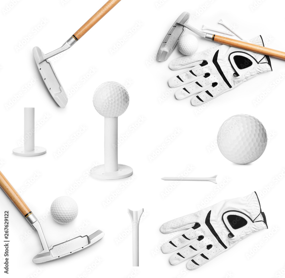 Set of different modern golf equipment on white background Stock Photo ...