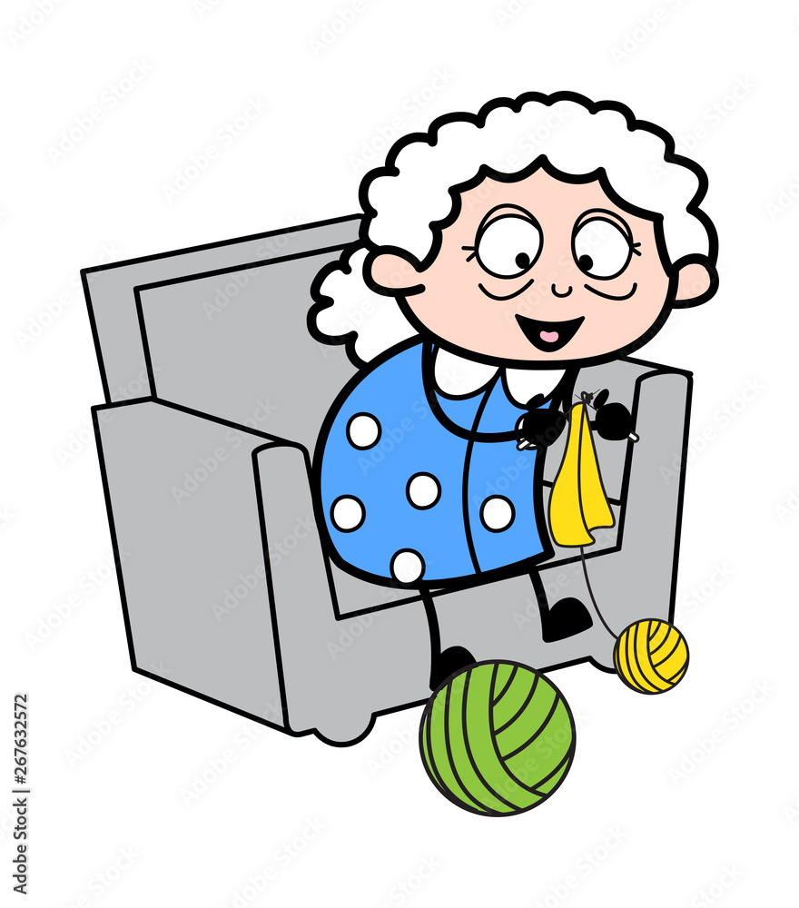 Grandma Weaving Wool - Old Woman Cartoon Granny Vector Illustration ...