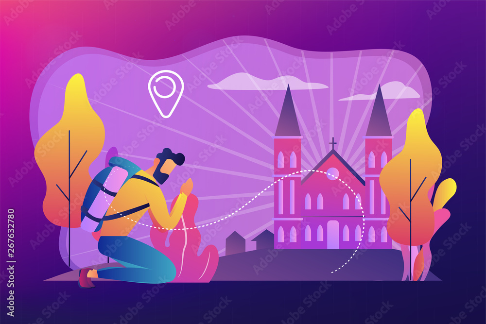 Kneeling pilgrim reached famous christian cathedral and praying ...