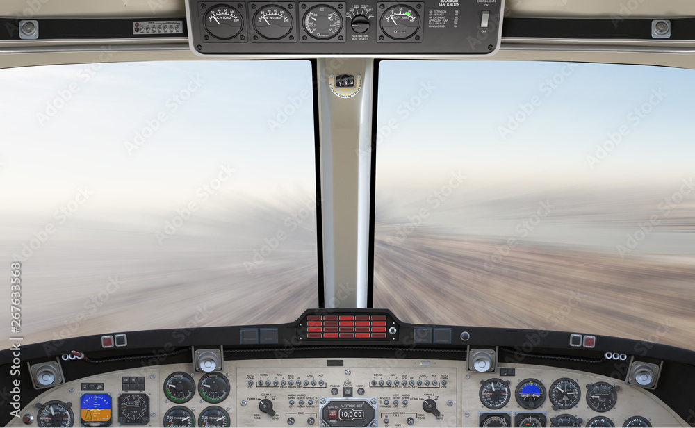 100 megapixel high detail 3d illustration of airplane cockpit, flying ...