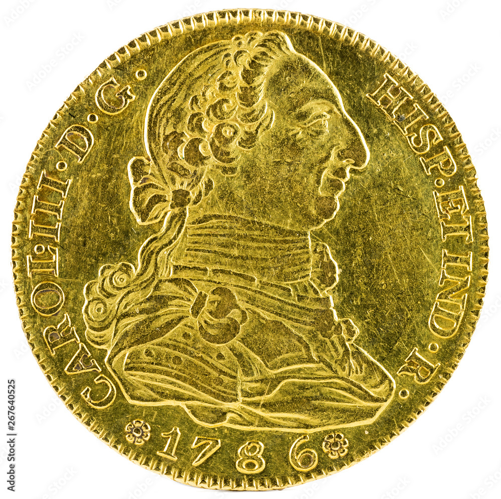 Ancient Spanish gold coin of King Carlos III. With a value of 4 escudos ...