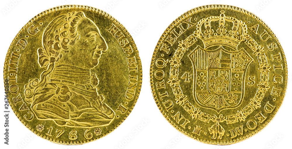 Ancient Spanish gold coin of King Carlos III. With a value of 4 escudos ...