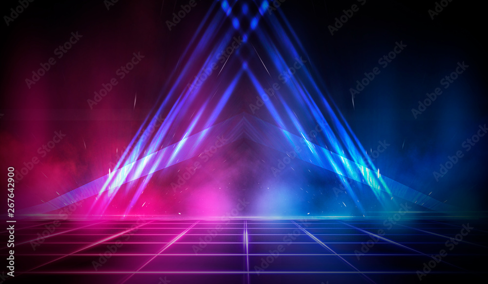 Empty stage, neon lights, spotlights and rays. Dark background and neon ...