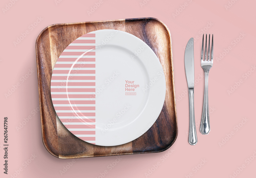 Top View Mockup of Dinner Plate and Wood Tray Stock Template | Adobe Stock