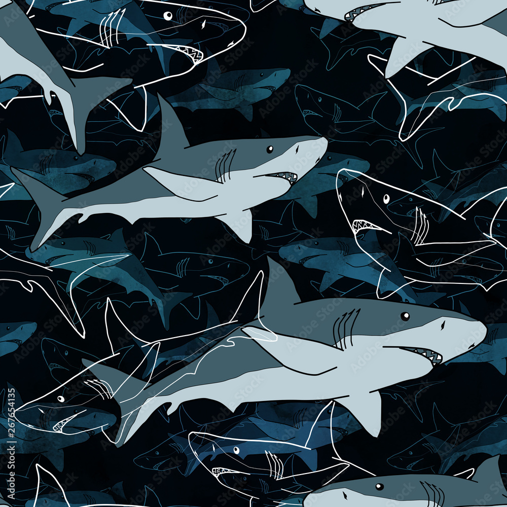 Seamless abstract sea pattern with sharks, blue background. Stock ...