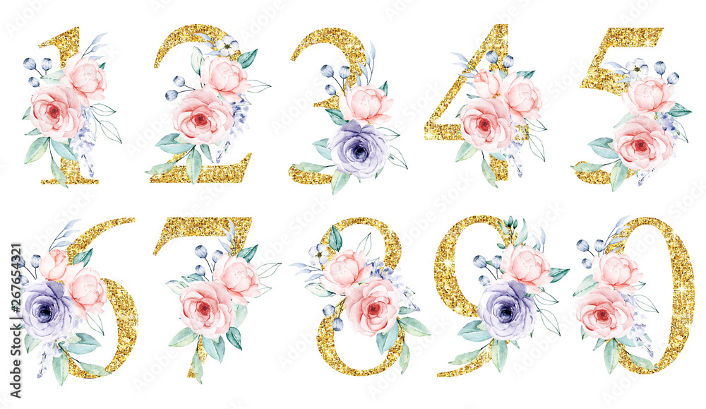 Numbers with watercolor flowers and leaf. Gold glitter numbers ...