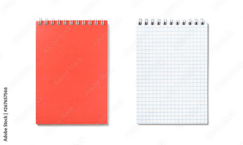 Coral notepad with spiral binding isolated, top view. Open and closed ...