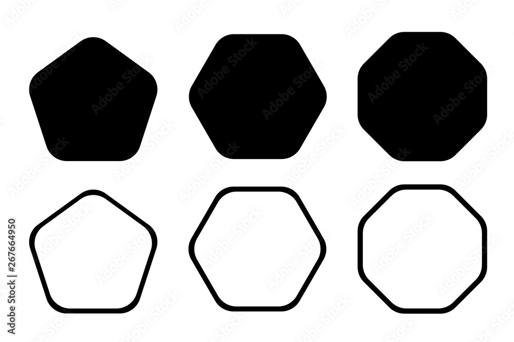 Rounded edge pentagon, hexagon, octagon icon. Vector geometry rounded ...
