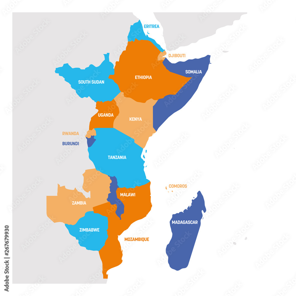 East Africa Region. Map of countries in eastern Africa. Vector ...