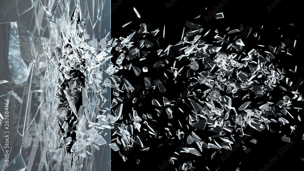 Abstract broken glass into pieces. Wall of glass shatters into small ...
