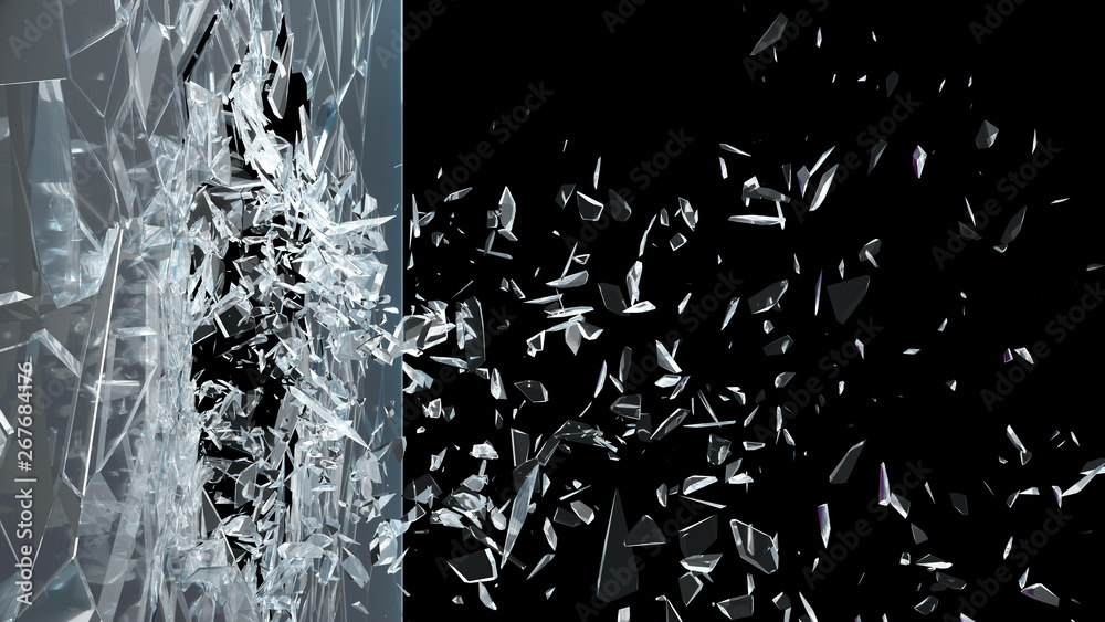 Abstract broken glass into pieces. Wall of glass shatters into small ...
