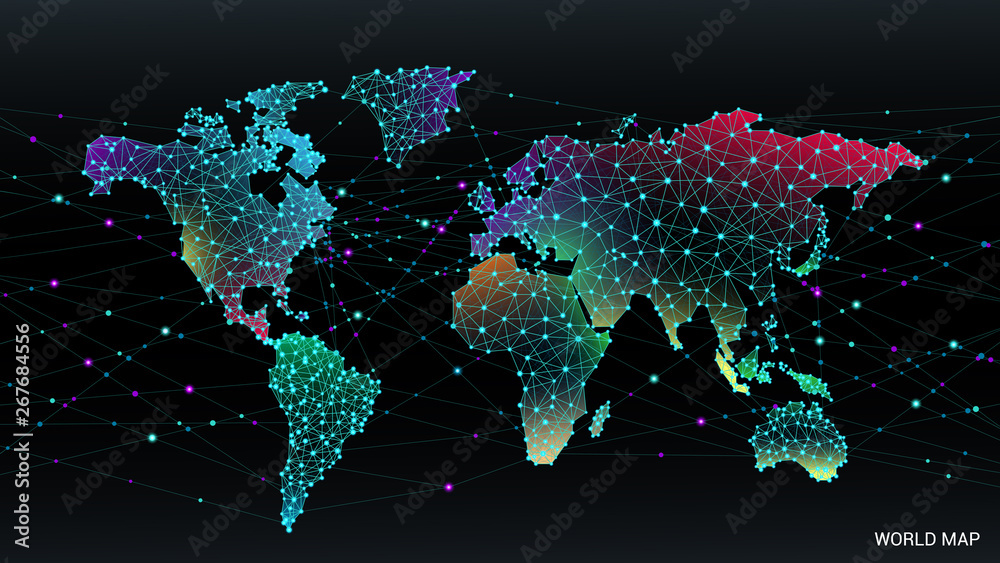 Map of the world communication network. Wire frame 3D mesh polygonal ...