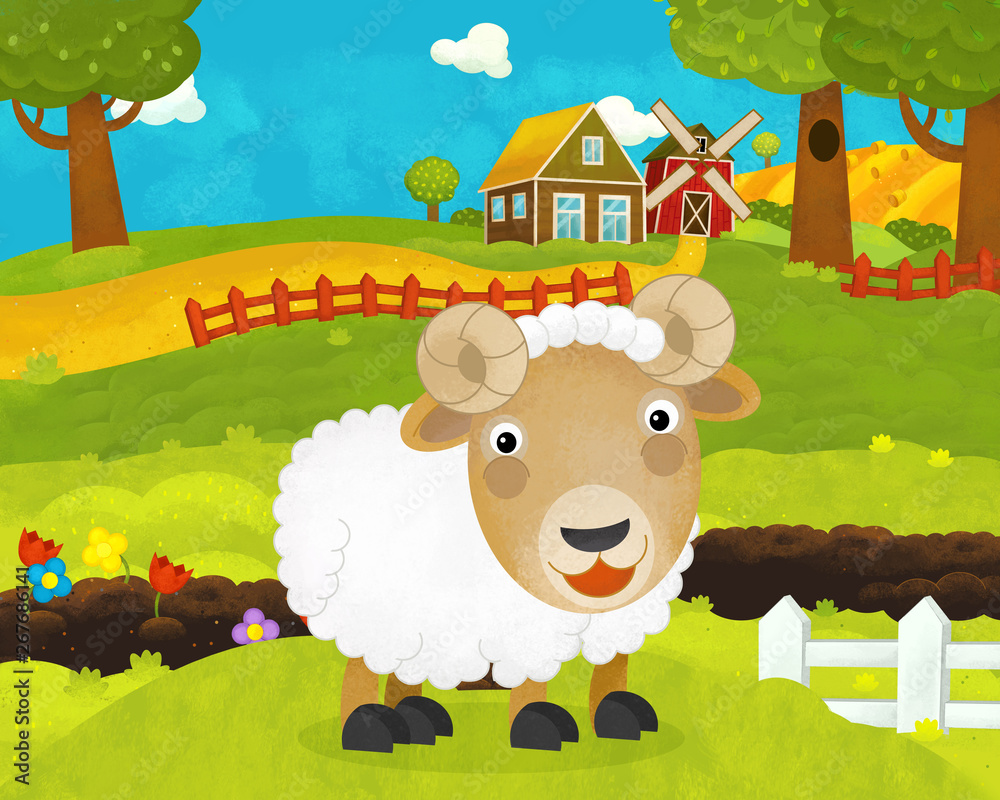 cartoon happy and funny farm scene with happy sheep - illustration for ...