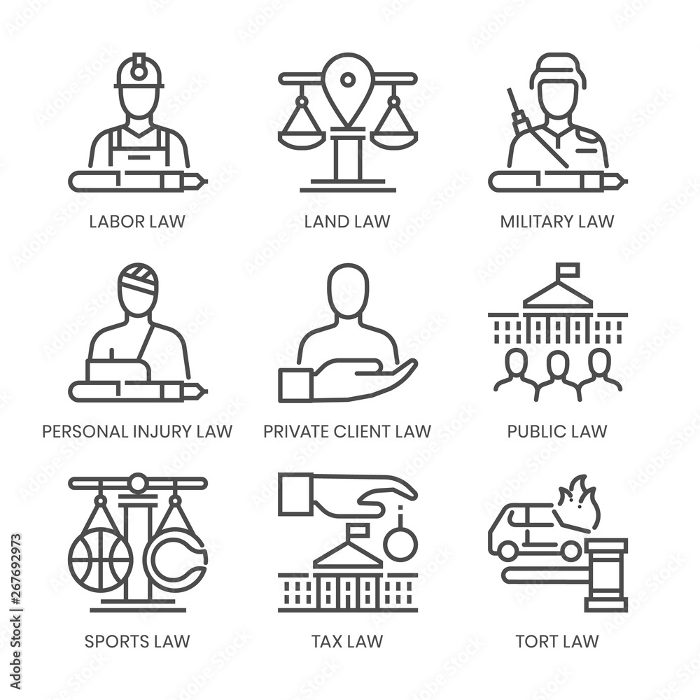 Law fields related, square line vector icon set for applications and ...