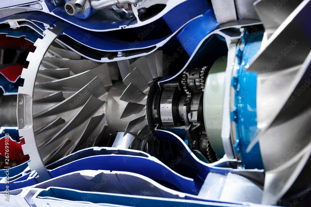 Engine of fighter jet, cross-section, blades, bearings and other ...