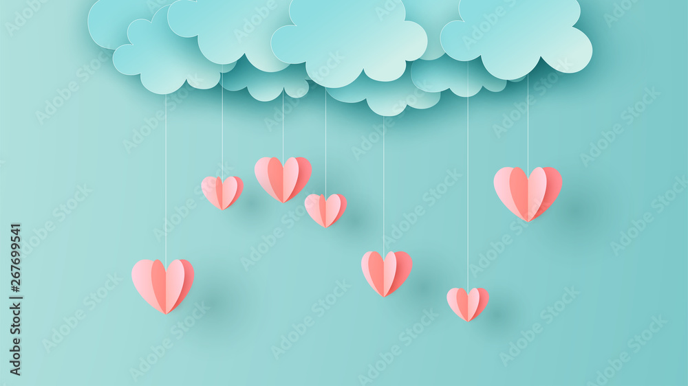 Paper art of Heart shape hanging from the sky on pastel background ...