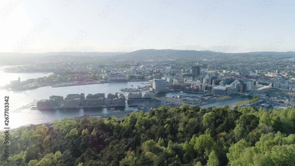 4K aerial of the Oslo city line with a backdrop of downtown Oslo and ...