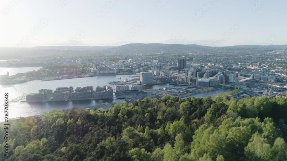 4K aerial of the Oslo city line with a backdrop of downtown Oslo and ...